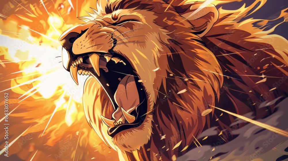 Cartoon lion in mid-roar, with a powerful aura surrounding it ...