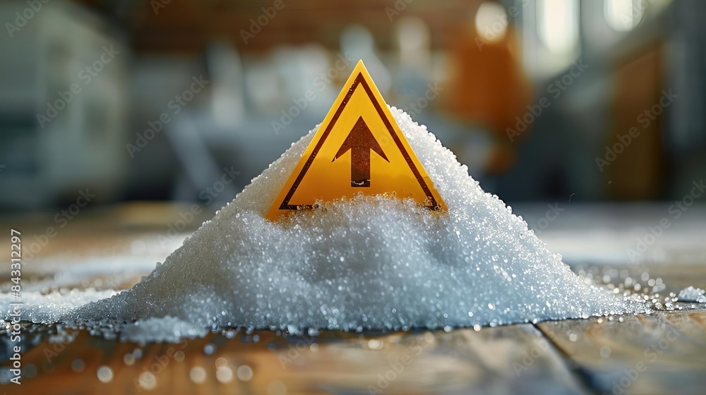 Yellow warning sign placed on a pile of granulated sugar, symbolizing ...