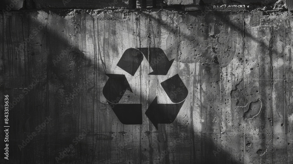 recycling symbol cast onto a weathered wall in a forgotten corner of ...