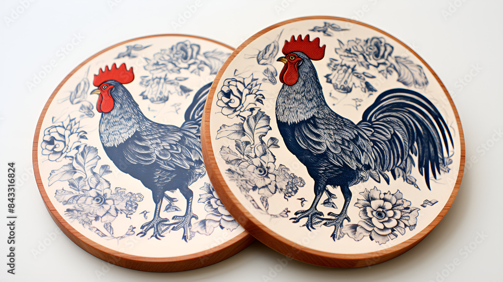 Two wooden coasters featuring a rooster design, perfect for adding a ...