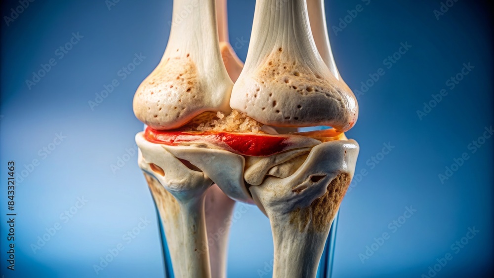 Close-up of a worn, arthritic knee joint model with visible bone spurs ...