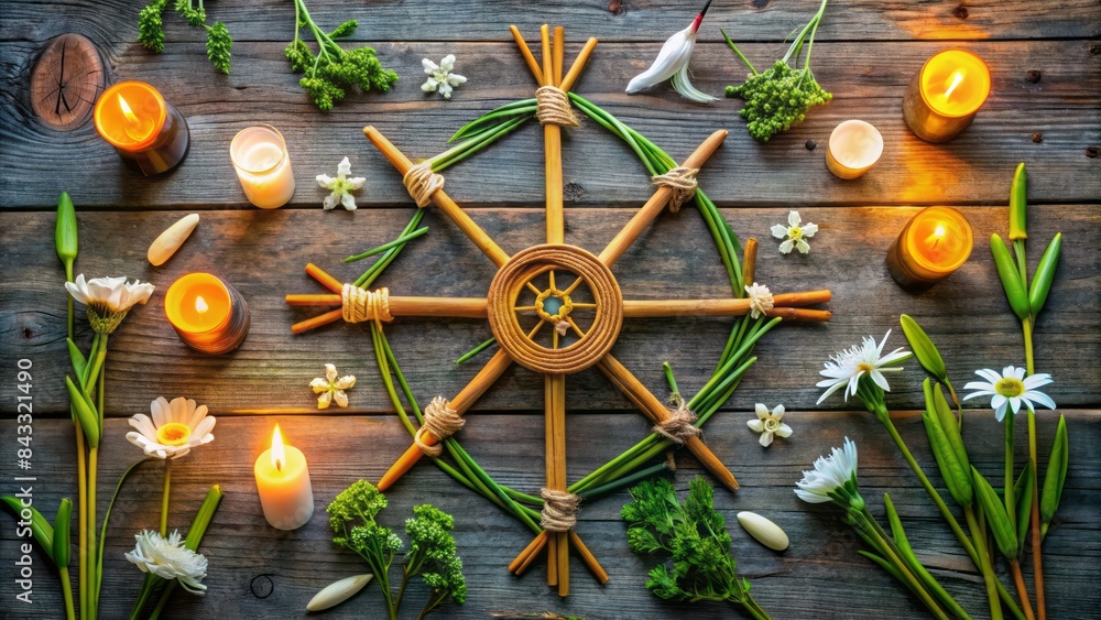 Vibrant flat lay featuring brigid's cross, candle, wheel of the year ...