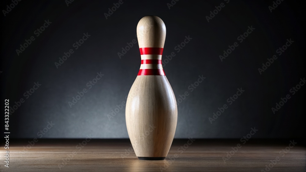 A solitary wooden bowling pin, adorned with a single red stripe around ...