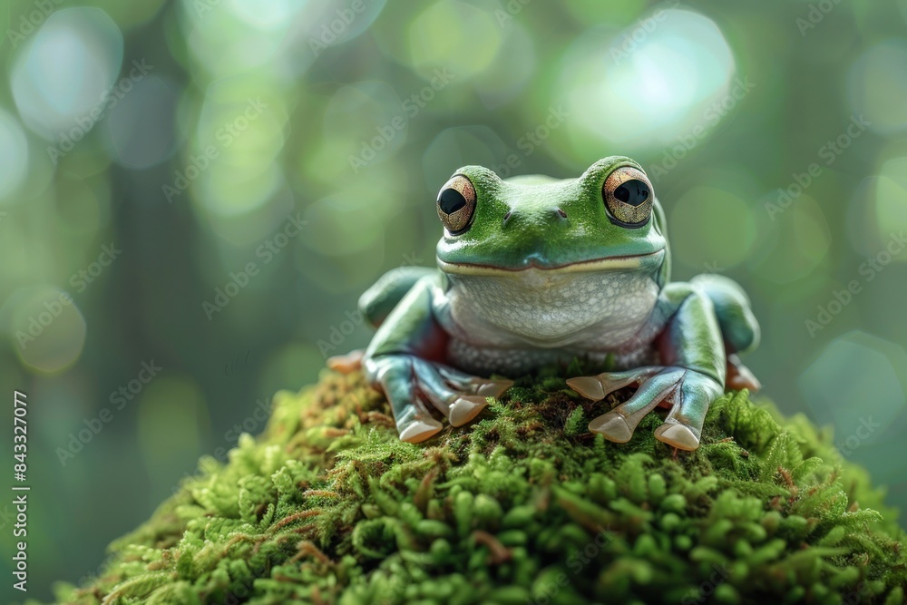 Portrait of a happy flying tree frog smiling on a moss green background ...