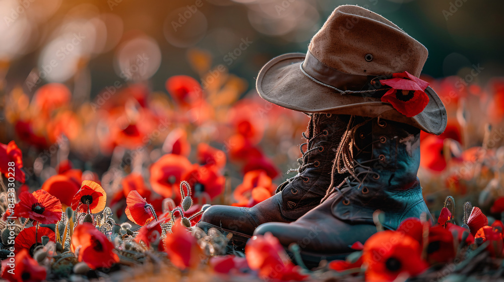 An image of soldiers' cap and boots with poppy flowers, a symbol of ...