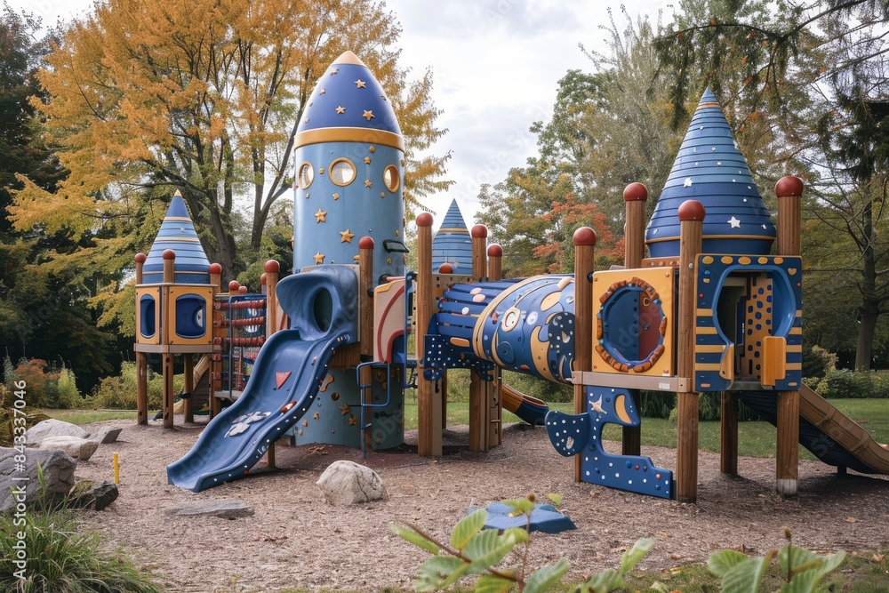 A playground with a space-themed structure and imaginative play areas ...