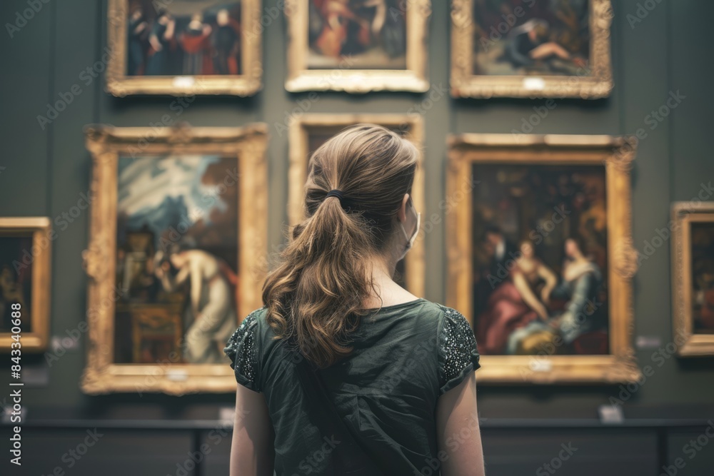 Back view of a woman in classical art gallery. Lady looking at old ...