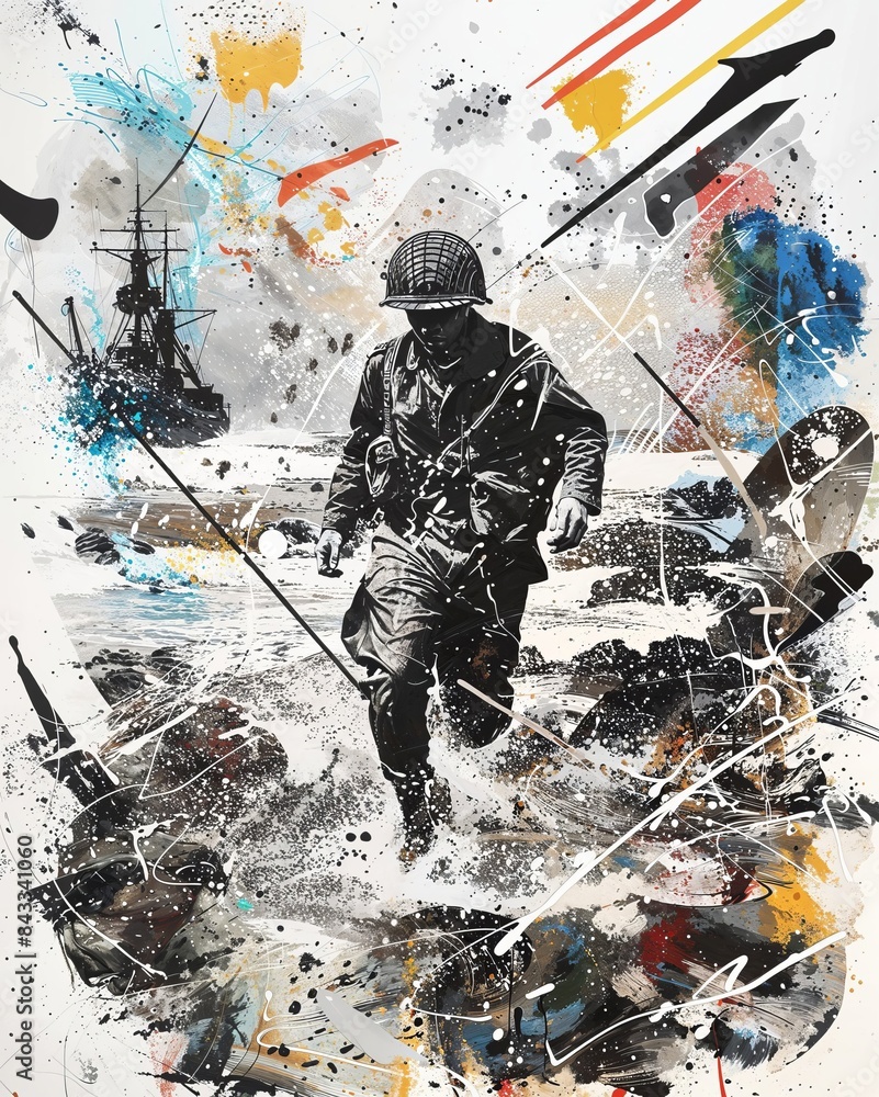 drawing of a soldier running through splashing water with battleship ...