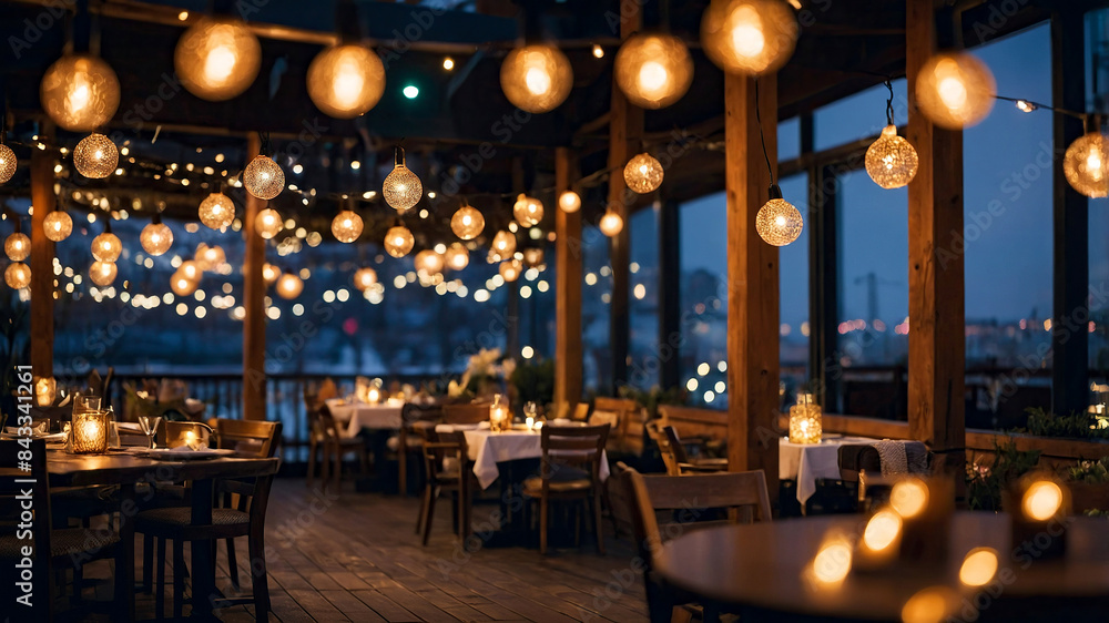 Blurred coffee shop or restaurant interior background, Roof top ...