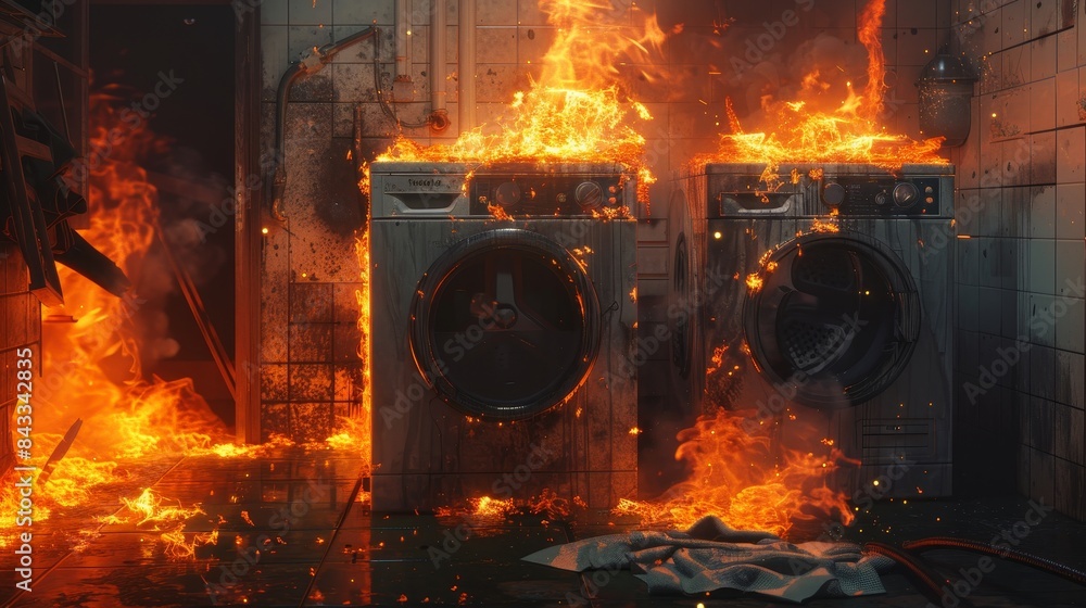 Fire hazard in a drying room, clothing dryer and washing machine ablaze ...