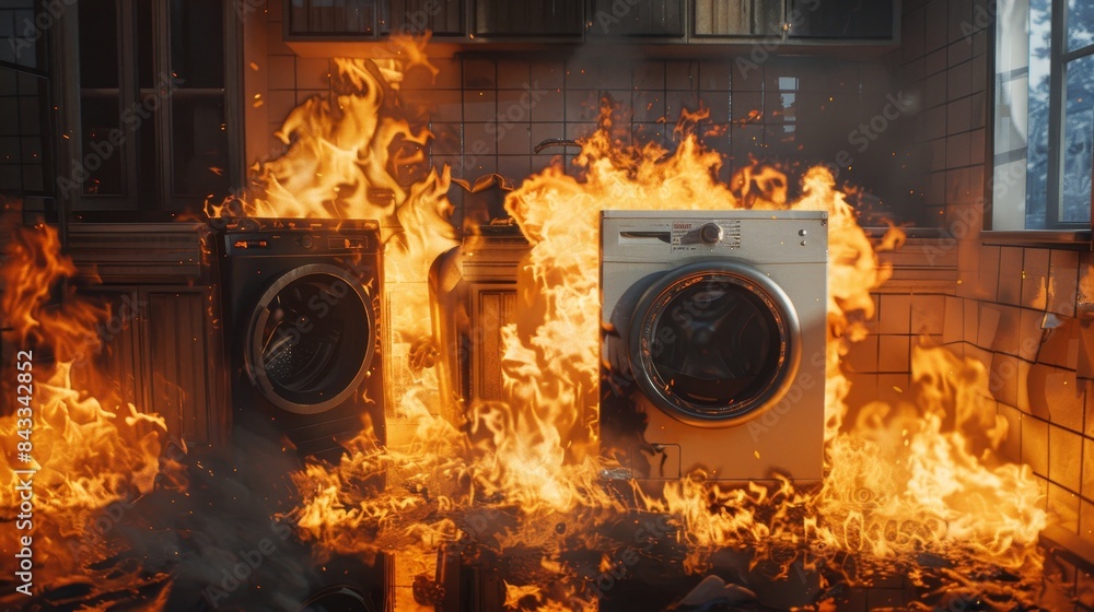 Fire hazard in a drying room, clothing dryer and washing machine ablaze ...