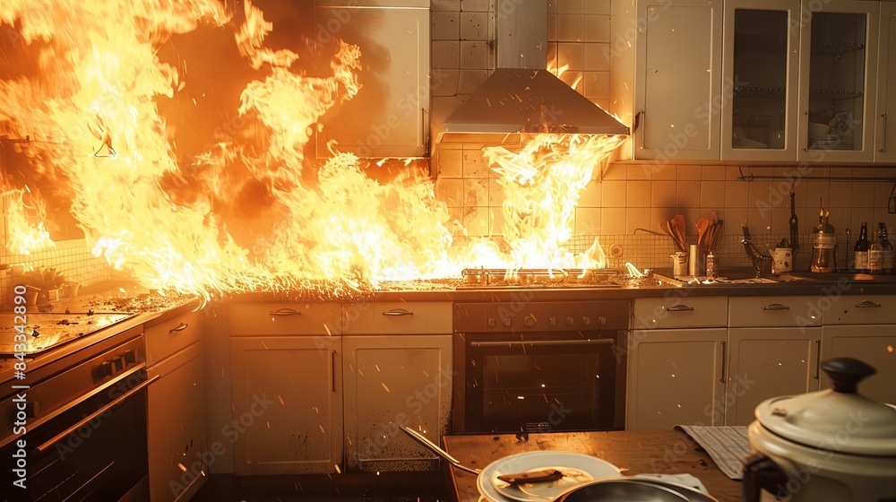 Fire roaring through a modern kitchen, capturing the urgency of ...