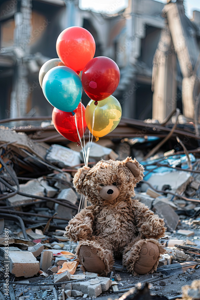 Teddy bear toy with balloons amidst a city destroyed by war, natural ...