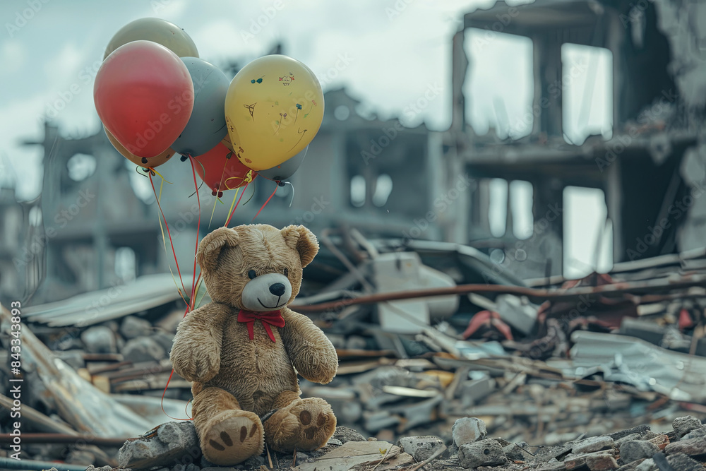Teddy bear toy with balloons amidst a city destroyed by war, natural ...