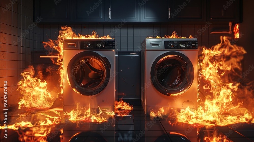 Washing machine and dryer in a drying room, on fire, flames spreading ...
