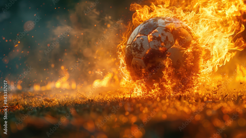 The soccer ball ignites in flames, flying across the field with fierce ...