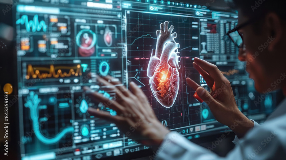 Virtual interface showing heart functions and blood vessels as a ...