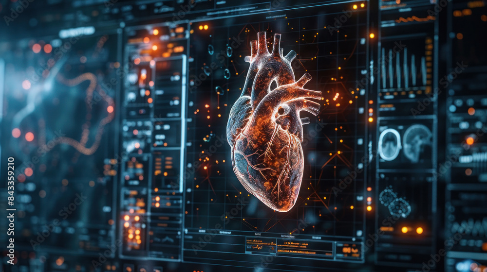 Virtual interface showing heart functions and blood vessels as a ...