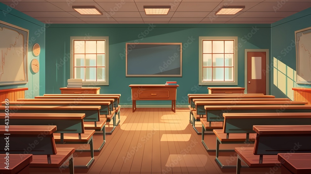 Vector cartoon background of an empty classroom interior with furniture ...