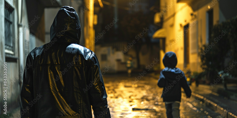 Crime, stalking and sexual assault concept. Back of man in hood ...