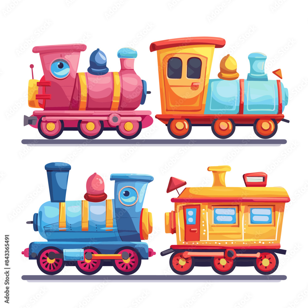 cute cartoon vector illustration of four different train toys, side ...