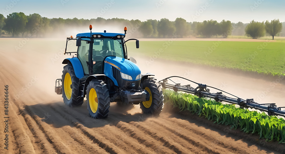 An irrigation tractor driving spraying or harvesting an agricultural ...