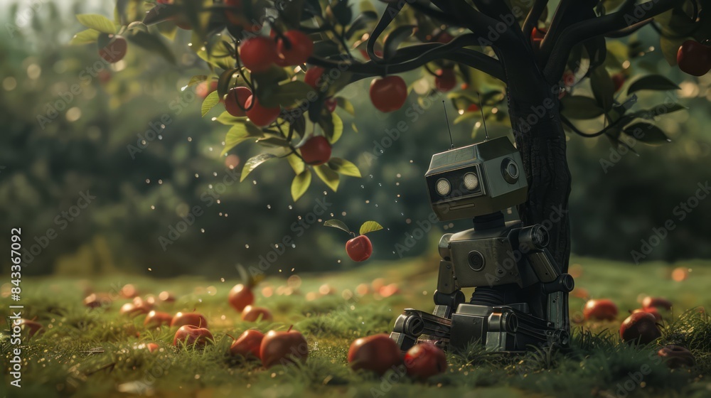 Sir Isaac Newton's Theory of Gravity, with a robot sitting under an ...