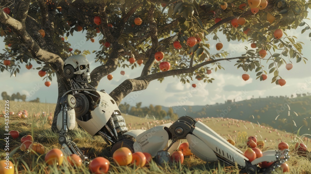Sir Isaac Newton's Theory of Gravity, with a robot sitting under an ...