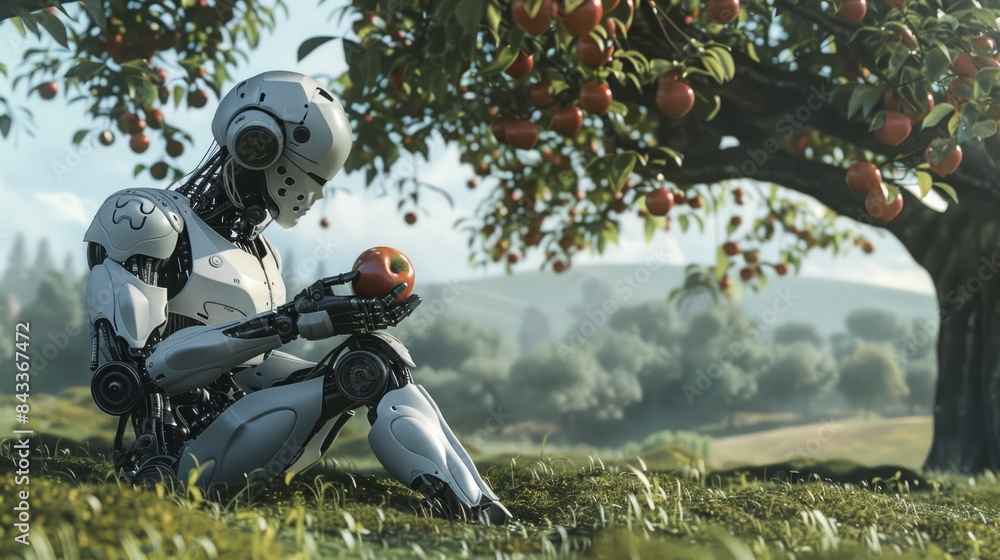 Sir Isaac Newton's Theory of Gravity, with a robot sitting under an ...