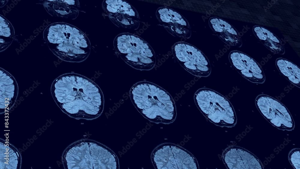A series of brain scans are shown in a blue background. The scans are ...