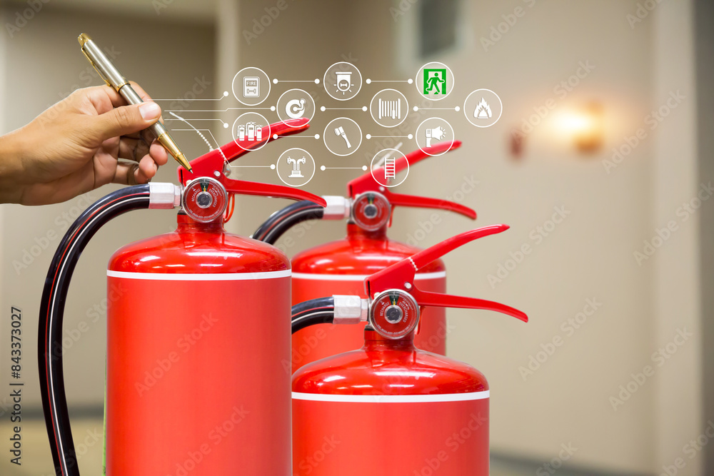 Fire extinguisher has firefighter checking with prevent icons for ...