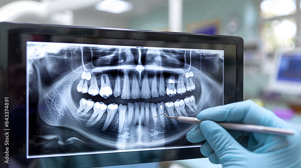 Hands doctor dentist in gloves show the teeth on x-ray on digital ...
