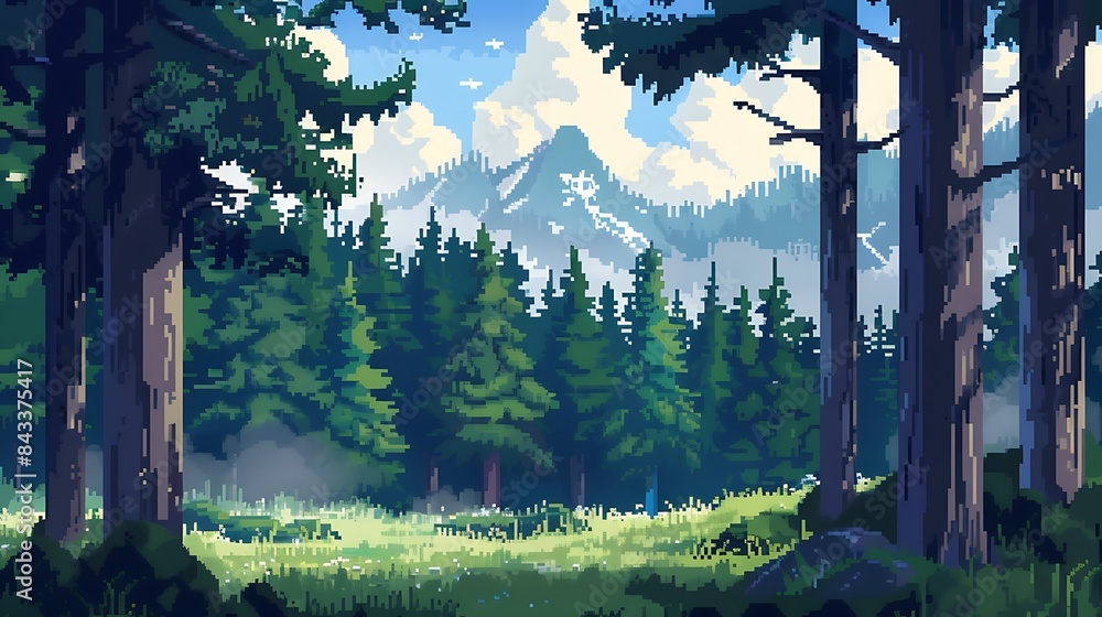 Forest landscape with 8 bit pixel art game screen style. Stock Photo ...