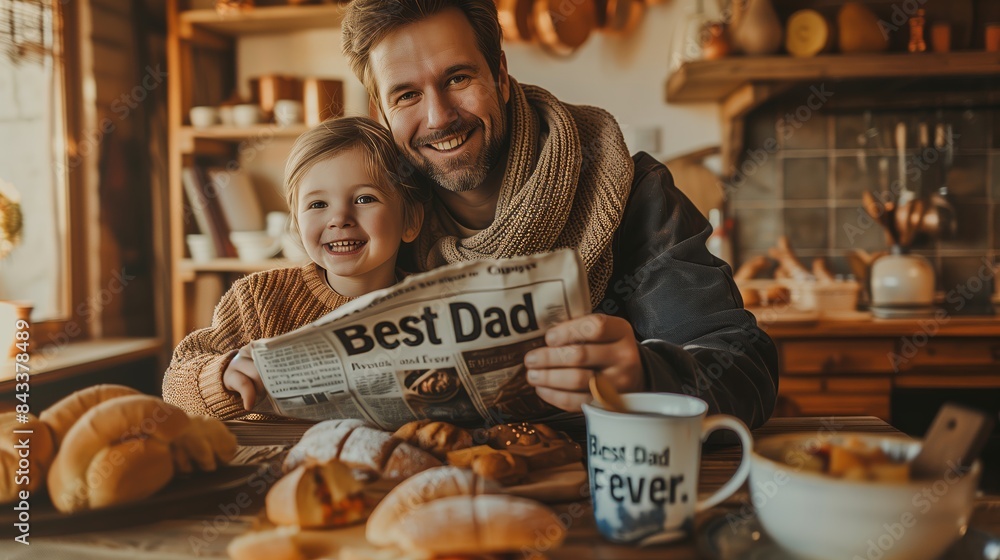 Cozy Family Breakfast with Father and Child, Father Reading a Best Dad ...