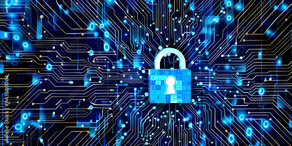 A digital blue lock symbol on a circuit board background, representing ...