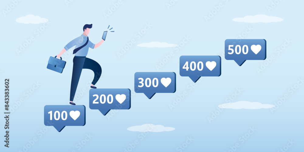 Male blogger, climbing up a step ladder composed of feedback and likes ...