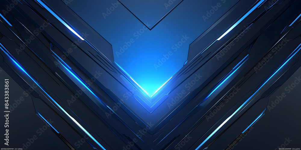 Abstract symmetric black background with blue glowing neon lines ...
