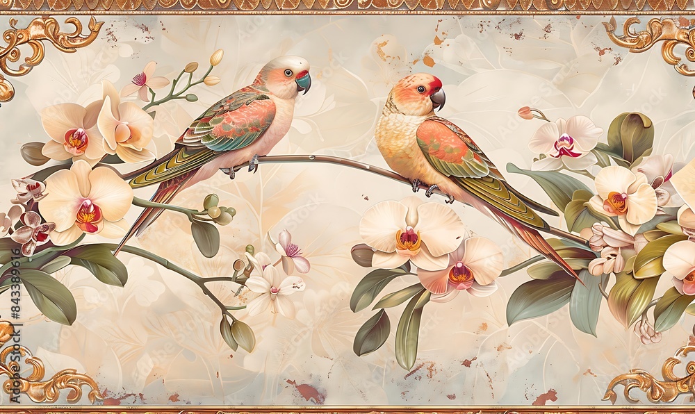 Vintage wallpaper featuring parakeets and orchids in an elegant ...