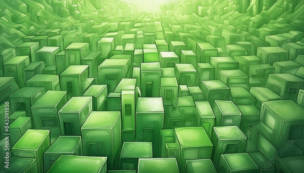 Abstract Green 3d Geometric Pattern With Cubes And Rectangles Creating A Tunnel Like Effect