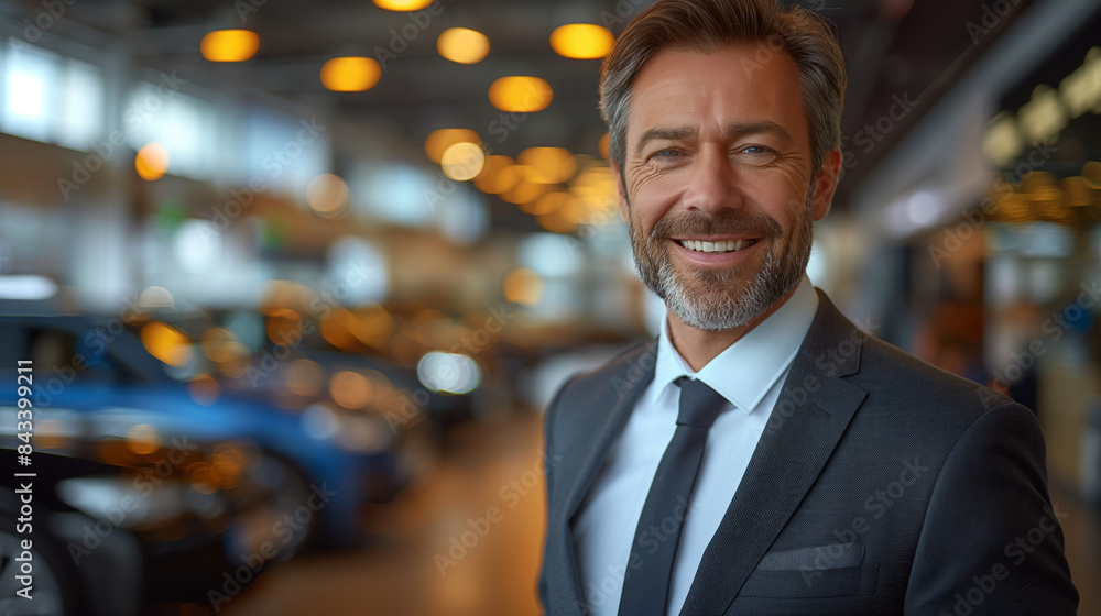 A man in a suit and tie is posing for a picture in a car dealership. He ...