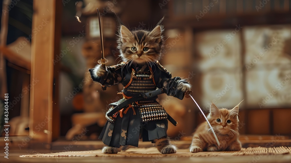 ภาพประกอบสต็อก Cool cat samurai warrior in battle pose with katana ...