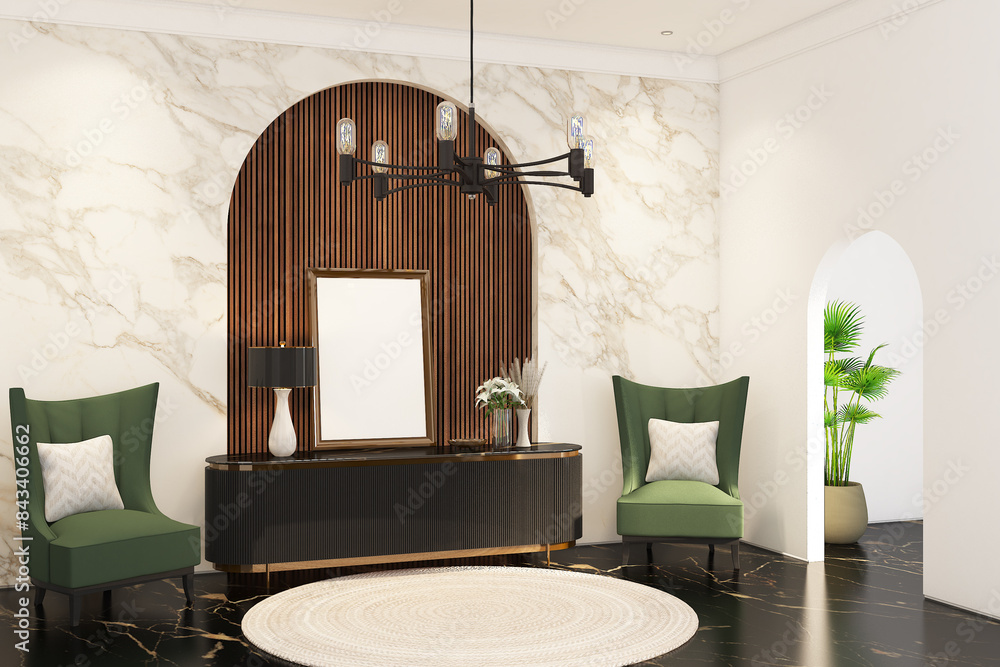 3d render of interior foyer mock up with armchairs, credenza and frames ...