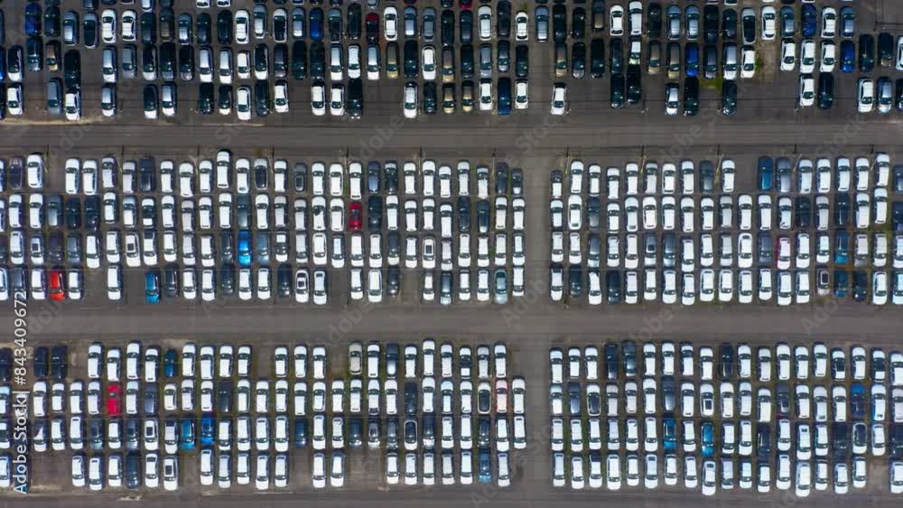 Top down view of a giant parking lot with new cars. New automobiles ...