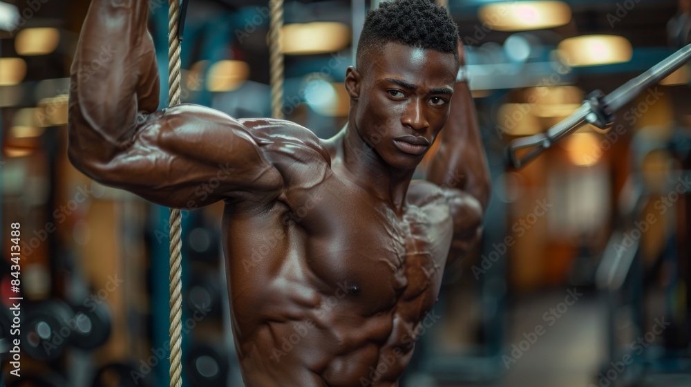 A photograph of an extremely muscular bodybuilder doing tricep presses ...