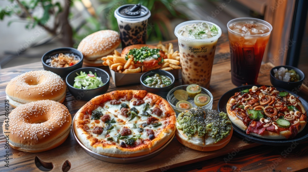 Pizza, donut, bubble tea, burger, green tea, fried chicken Stock Photo ...
