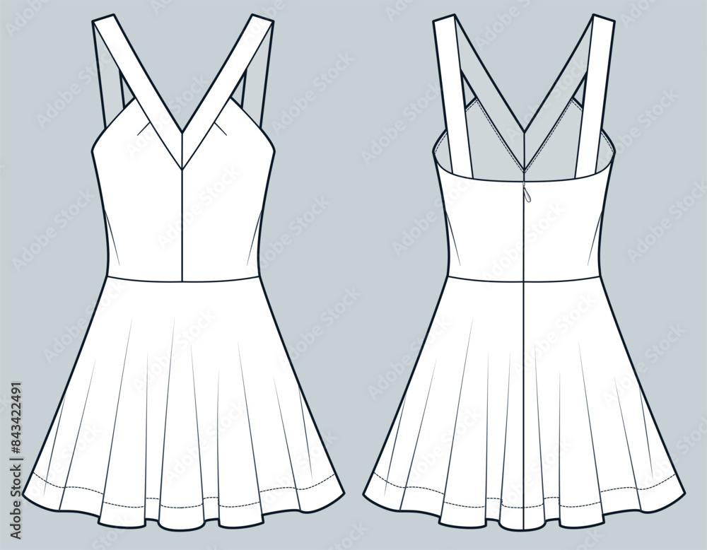 Low Neck Dress technical fashion illustration. Flare Dress fashion flat ...