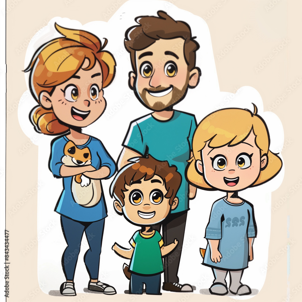 cartoon of a family with a dog and a cat Stock Illustration | Adobe Stock