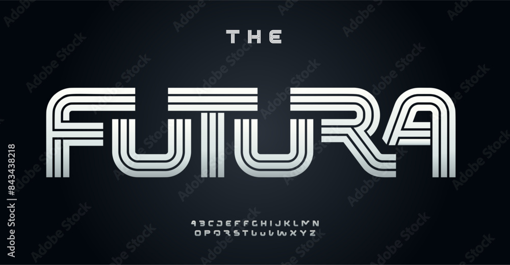 Bold techno typeface, heavy geometric letters in lines style with metal ...