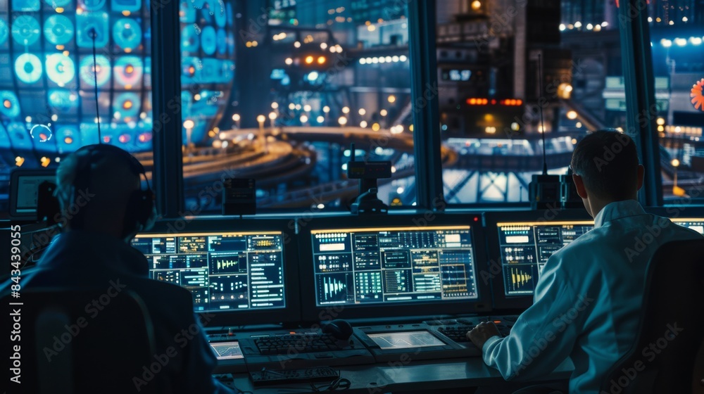 Control Room With Experts Monitoring Complex Data On Multiple Screens Advanced Technology