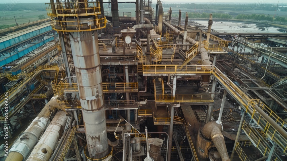 Aerial view of a large industrial refinery complex with extensive pipes ...